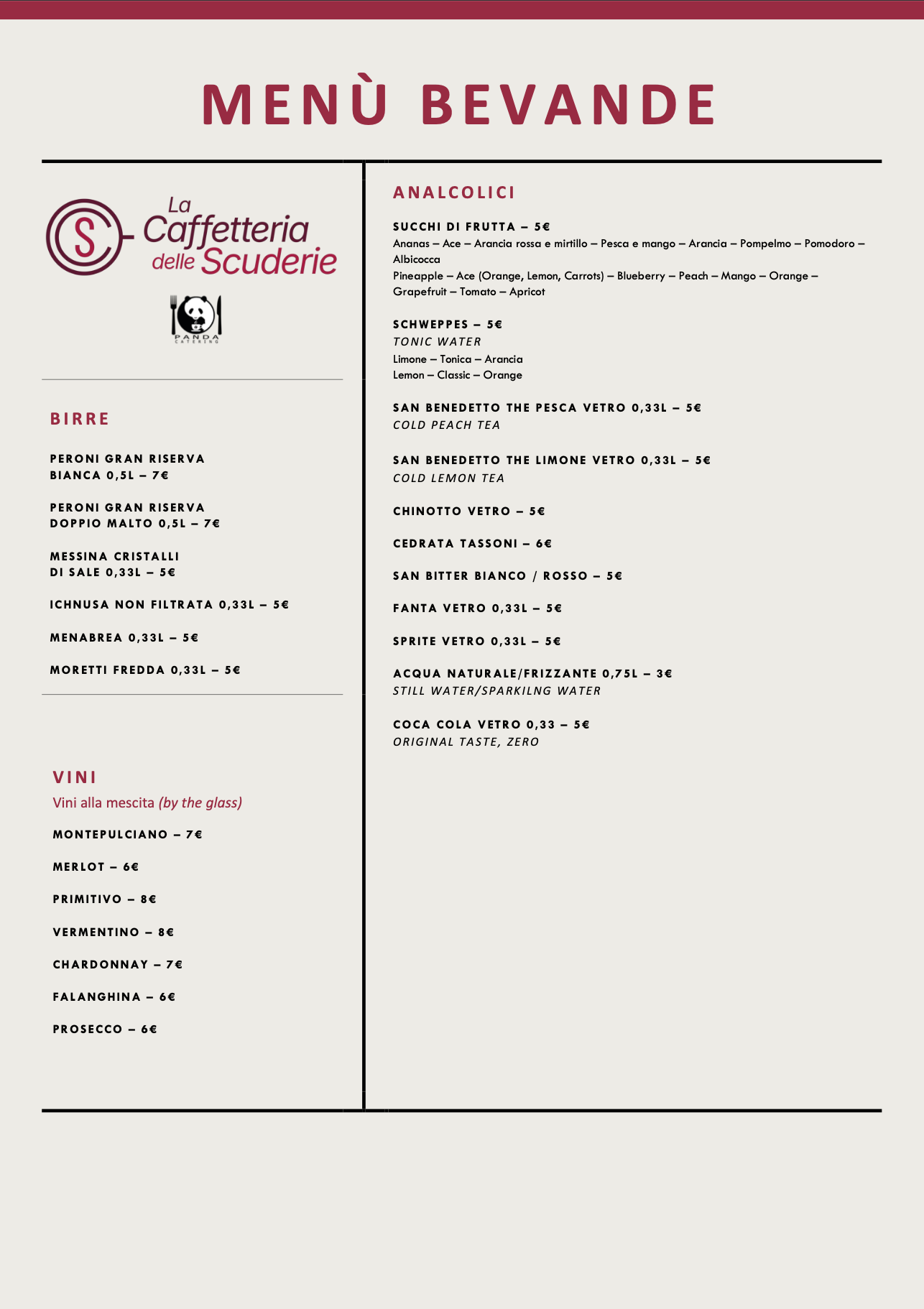 Menù Caffetteria | Scuderie del Quirinale